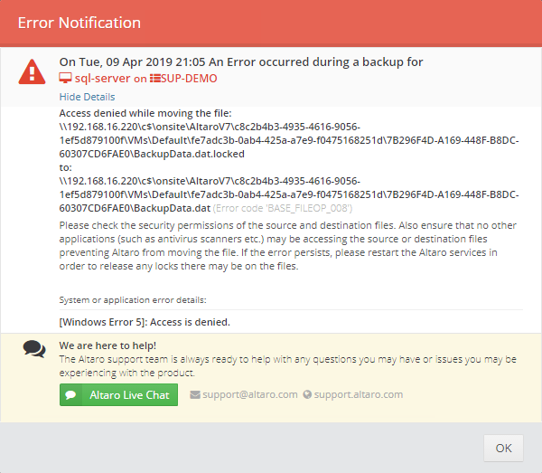 Backups failing with [Windows Error 5]: Access is denied. – Hornetsecurity KnowledgeBase